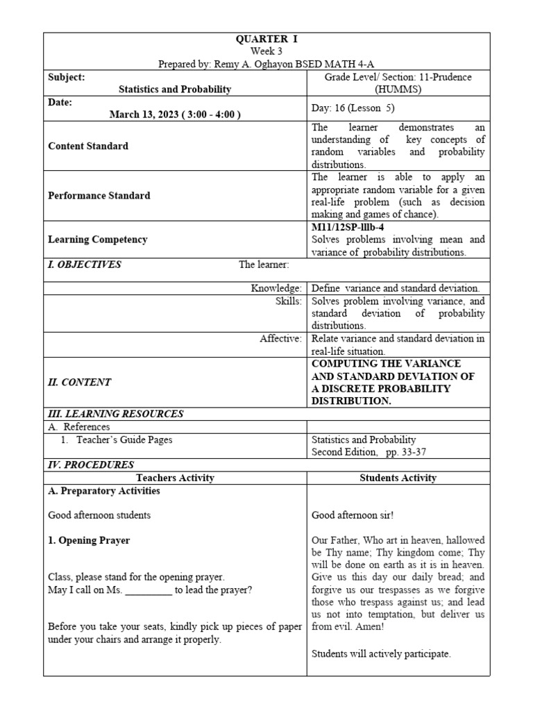 Lesson Plan (V and SD of Probability Distribution) | PDF | Variance ...