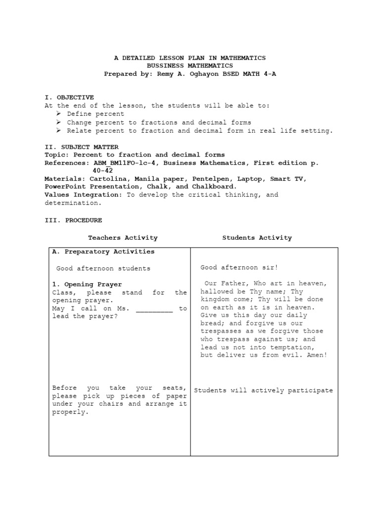 Lesson Plan in Business Mathematics | PDF | Decimal | Mathematics