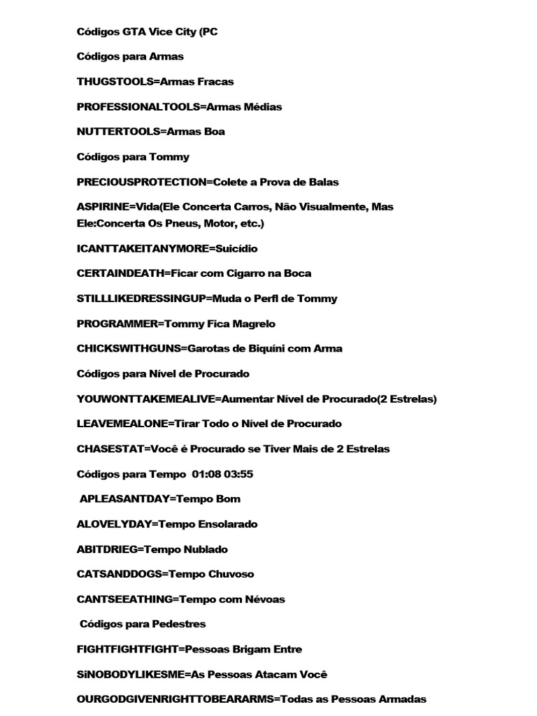 Códigos GTA Vice City | PDF