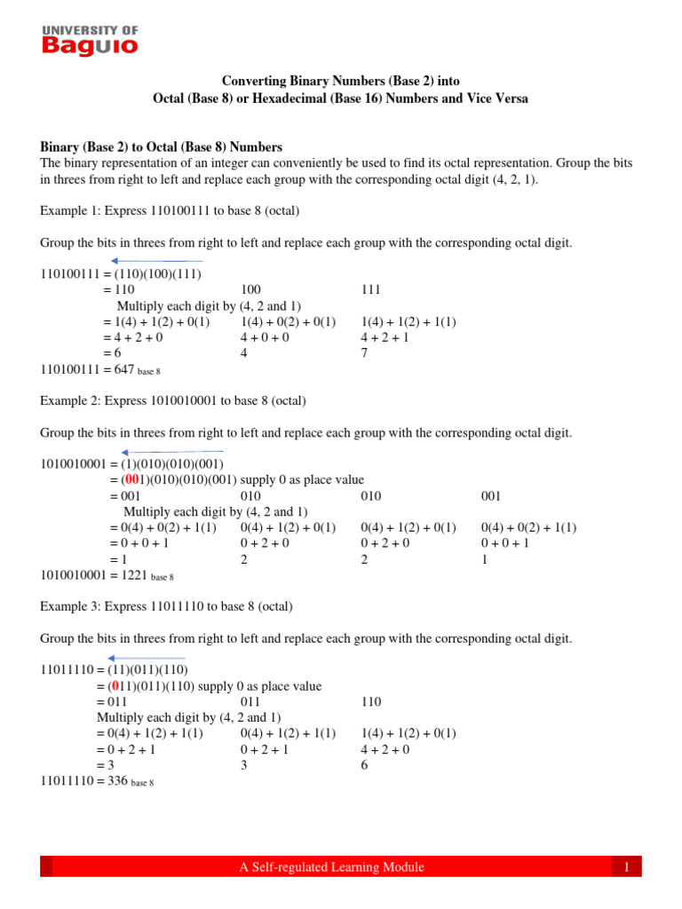 Lesson 15.1 Converting Binary Into Octal or Hexadecimal Numbers and ... Lesson 15.1 Converting Binary Into Octal or Hexadecimal Numbers and ...