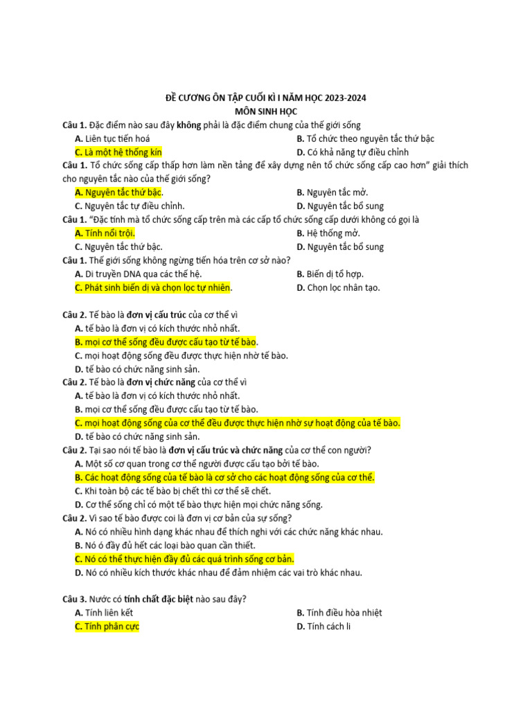 ĐÈ CƯƠNG Sinh 10 CKI 23 | PDF