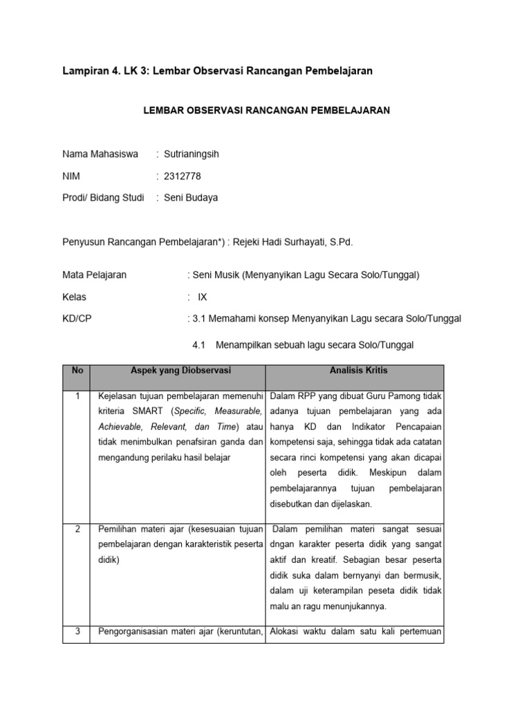Lampiran 4. LK 3 Lembar Observasi Rancangan Pembelajaran | PDF
