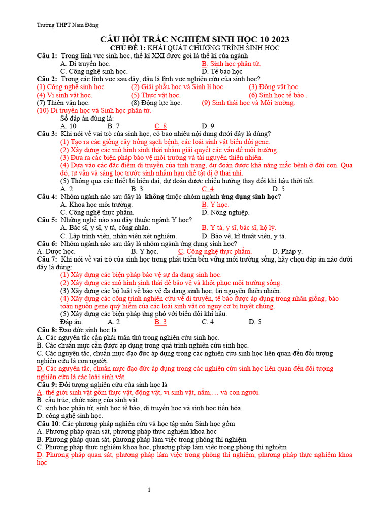 ÔN TẬP GK I SINH HỌC 10 2023 | PDF