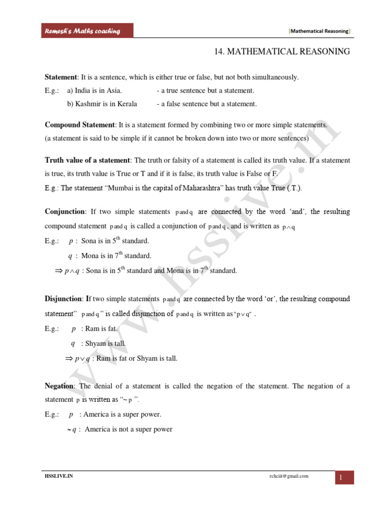 XI CH 14. Mathematical Reasoning Remesh Hsslive | PDF