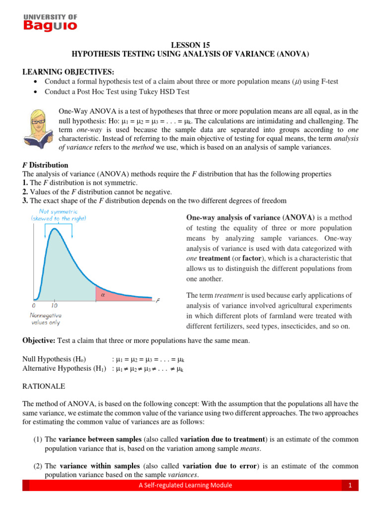 Lesson 15 INFERENCES ABOUT THREE OR MORE POPULATION MEANS USING F-TEST ...