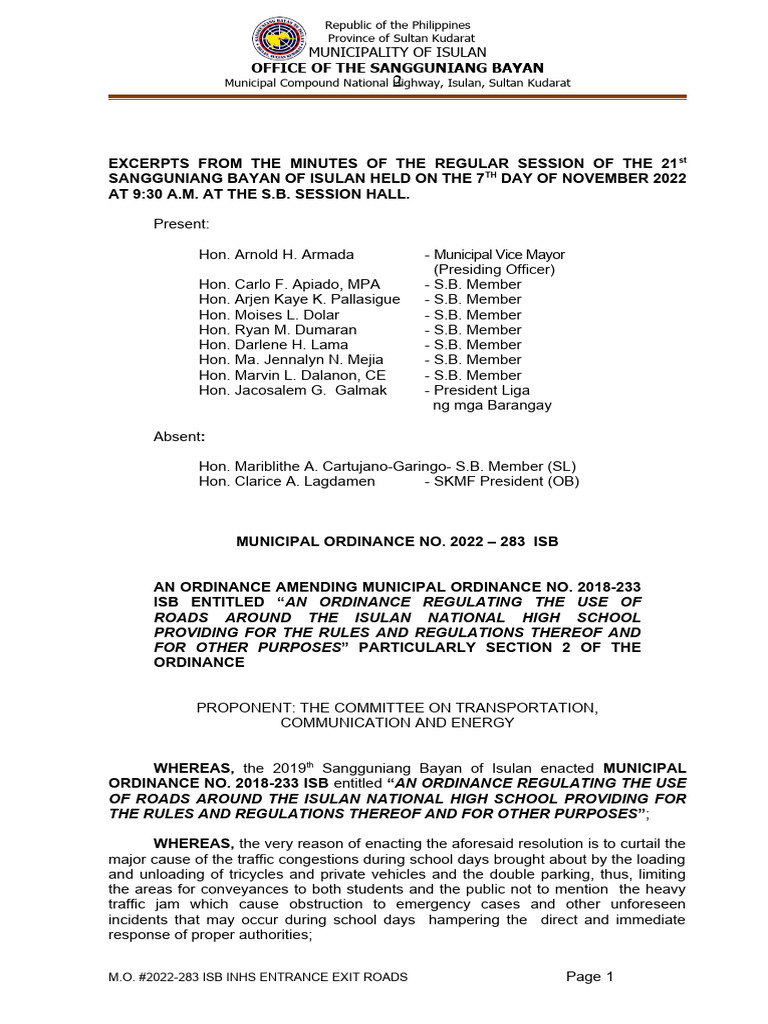 Ordinance 2022 283 Inhs Entrance Exit Roads | PDF