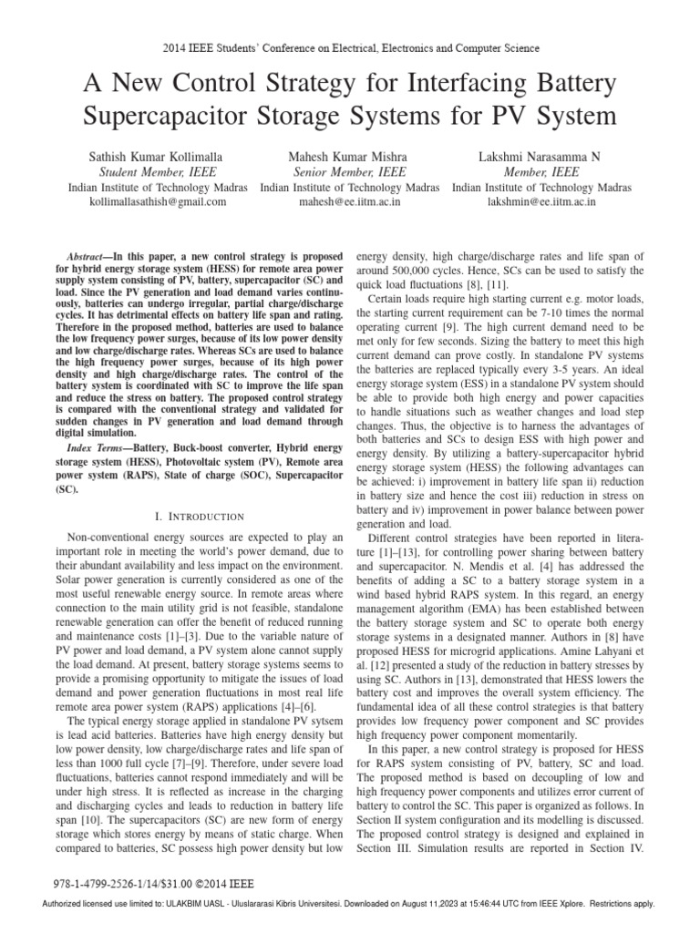 A New Control Strategy For Interfacing Battery Supercapacitor Storage Systems For PV System ...