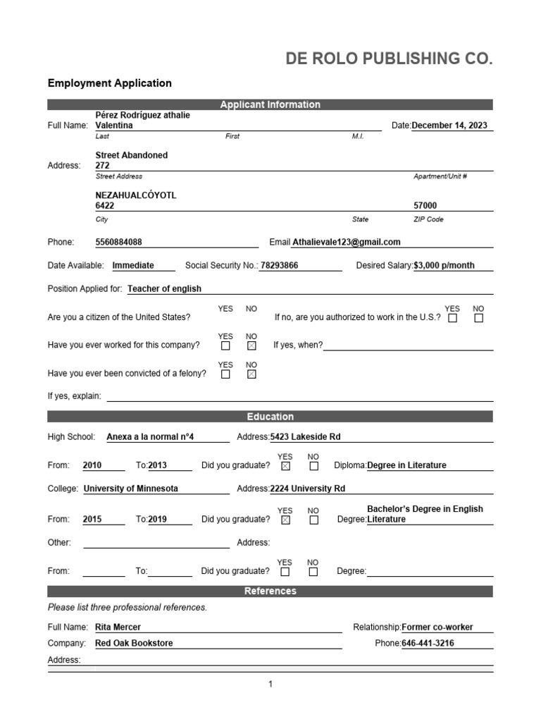 English Job Application Example | PDF