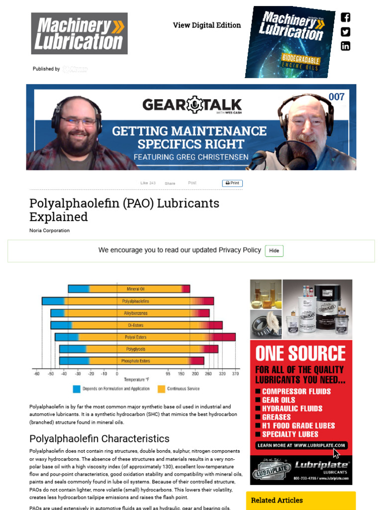 Polyalphaolefin (PAO) Lubricants Explained | PDF | Lubricant | Motor Oil