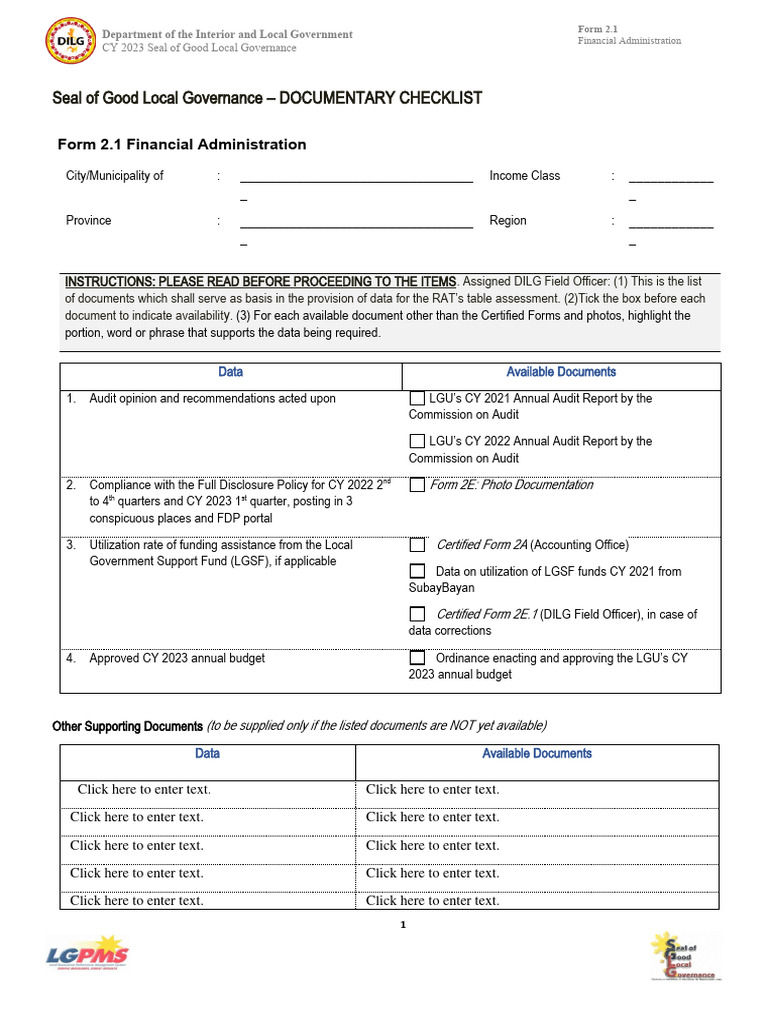 2023 SGLG DOCUMENTARY CHECKLIST (1) | PDF | Audit | Auditor's Report