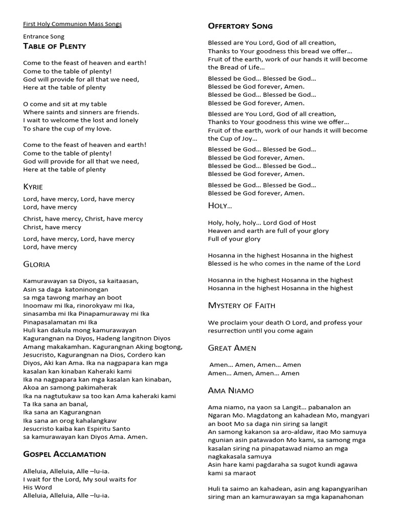 First Holy Communion Mass Songs | PDF | Eucharist | Mercy