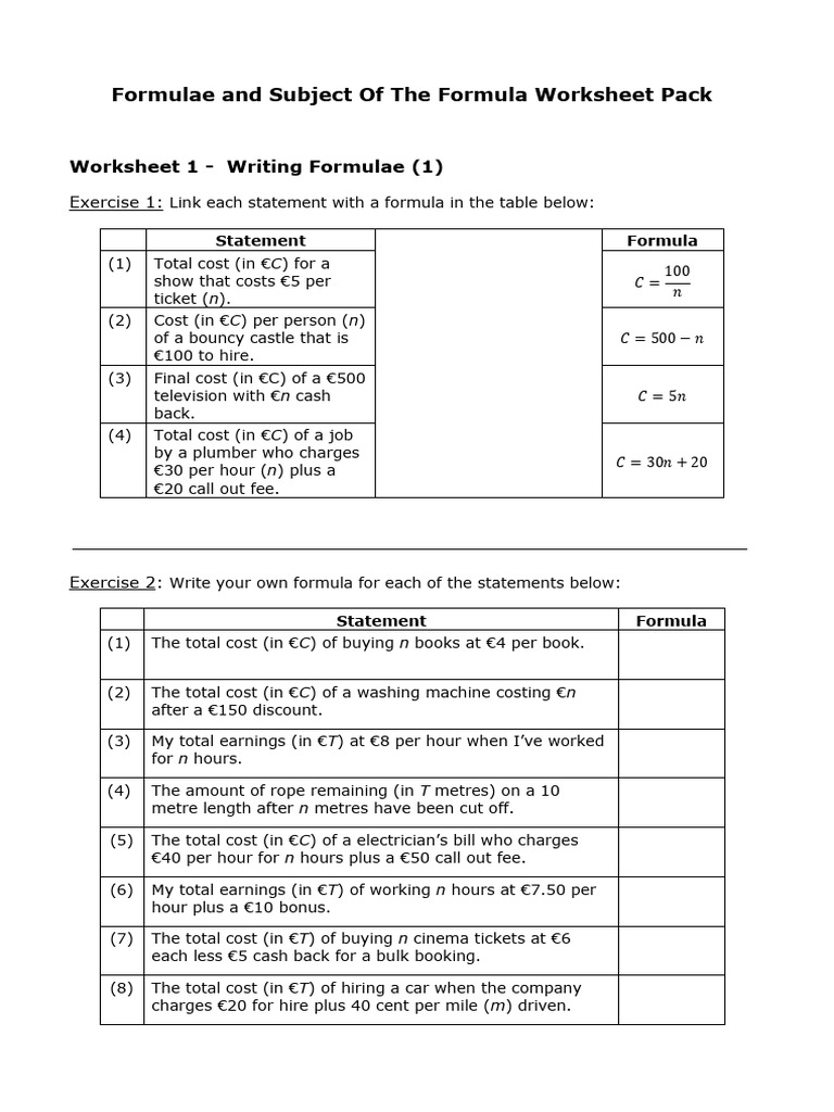Formulae Subject of The Formula Worksheet Pack | PDF