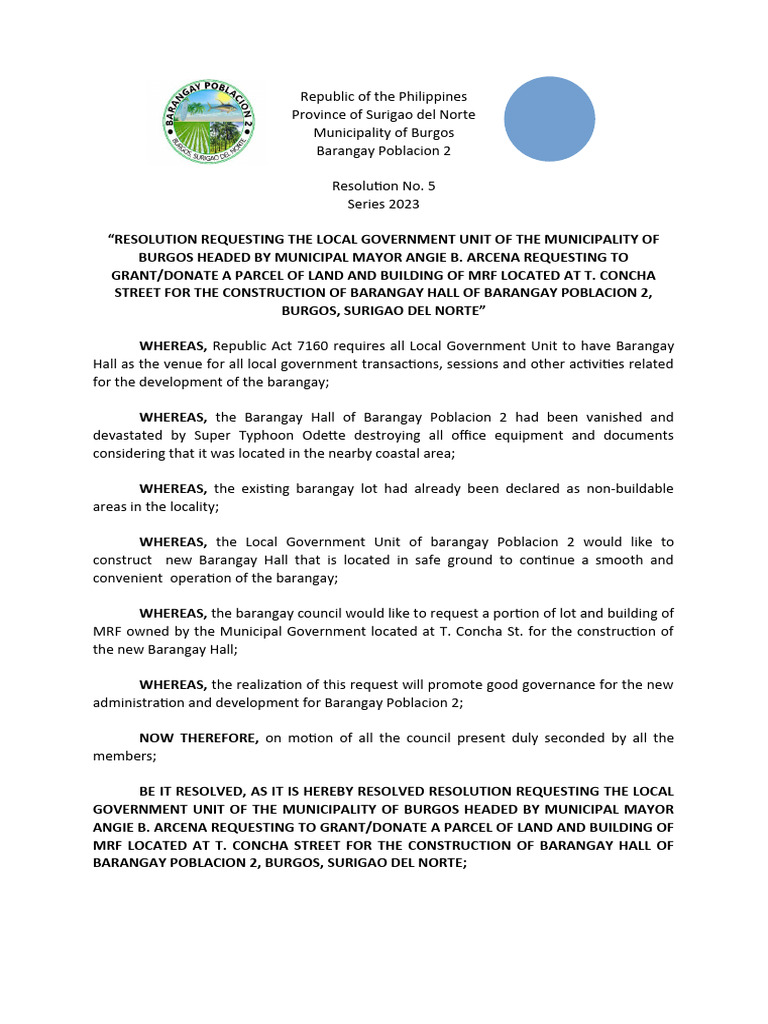 Barangay Resolution No. 5 | PDF