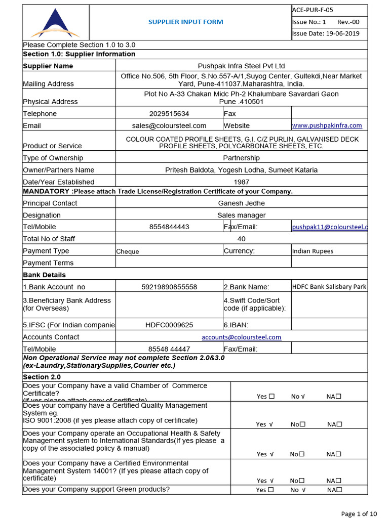 ACE-PUR-F-05 Rev-00 - (Supplier Input Form, Ace Group) | PDF ...