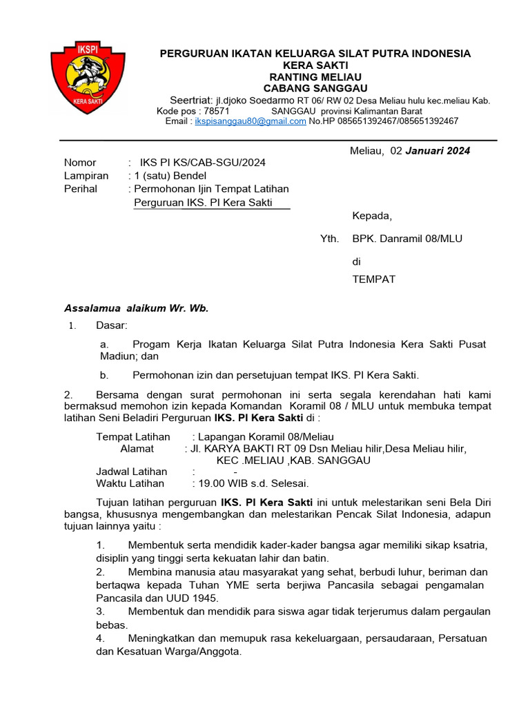 Surat Permohona Ijin Latihan Beladiri IKS. PI Kera Sakti Di Yonarmed 11 ...