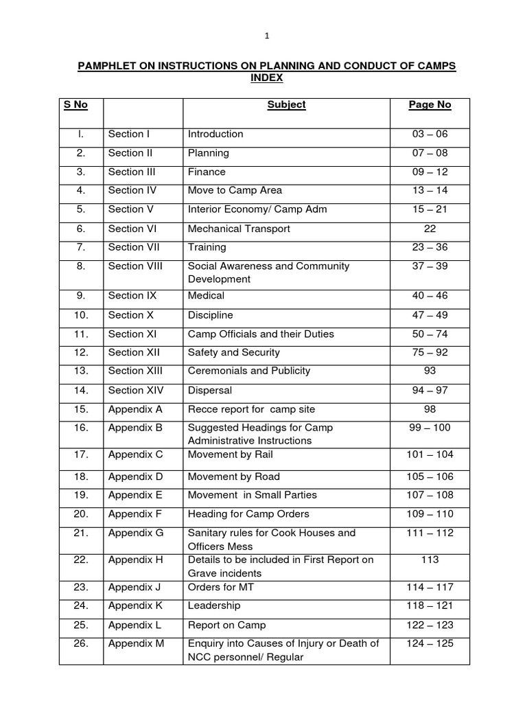Pamphlet On Instructions On Planning and Conduct of Camps Index Sno Subject Page No | PDF