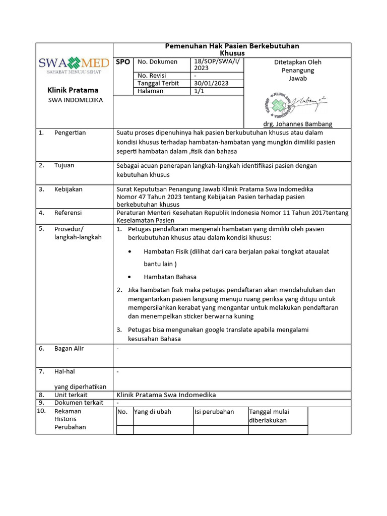 SOP Pemenuhan Hak Pasien Berkubutuhan Khusus | PDF
