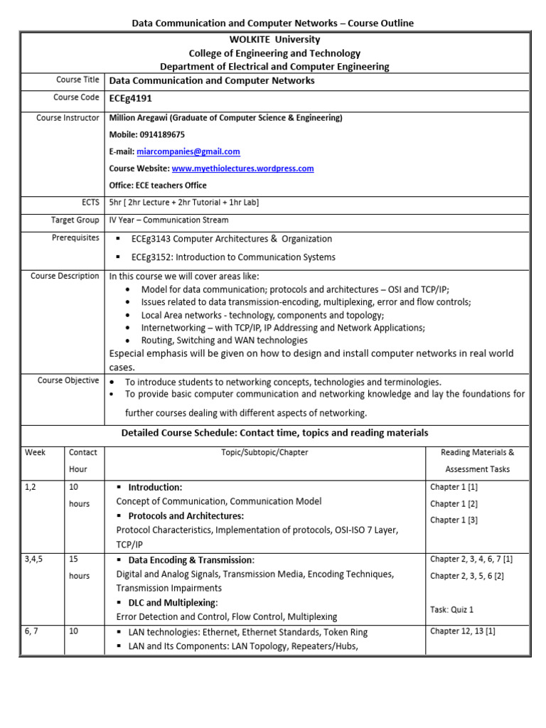 Datacomnetwork Courseoutline2 | PDF | Computer Network | Internet Protocol Suite