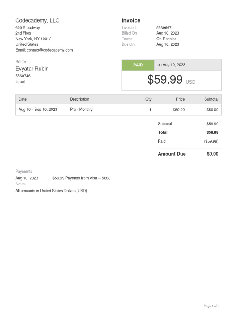 Codecademy, LLC: Invoice | PDF