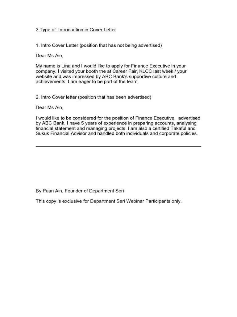 2 Type of Introduction in Cover Letter | PDF 2 Type of Introduction in Cover Letter | PDF
