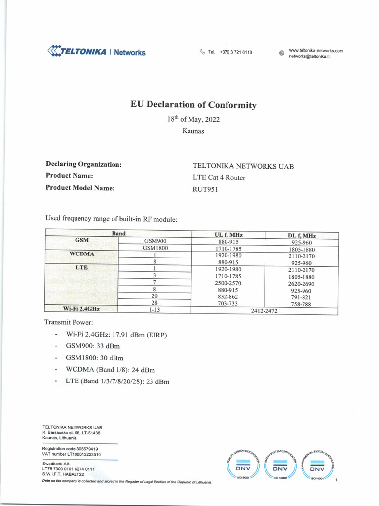 RUT951 EU DoC v1.0 | PDF