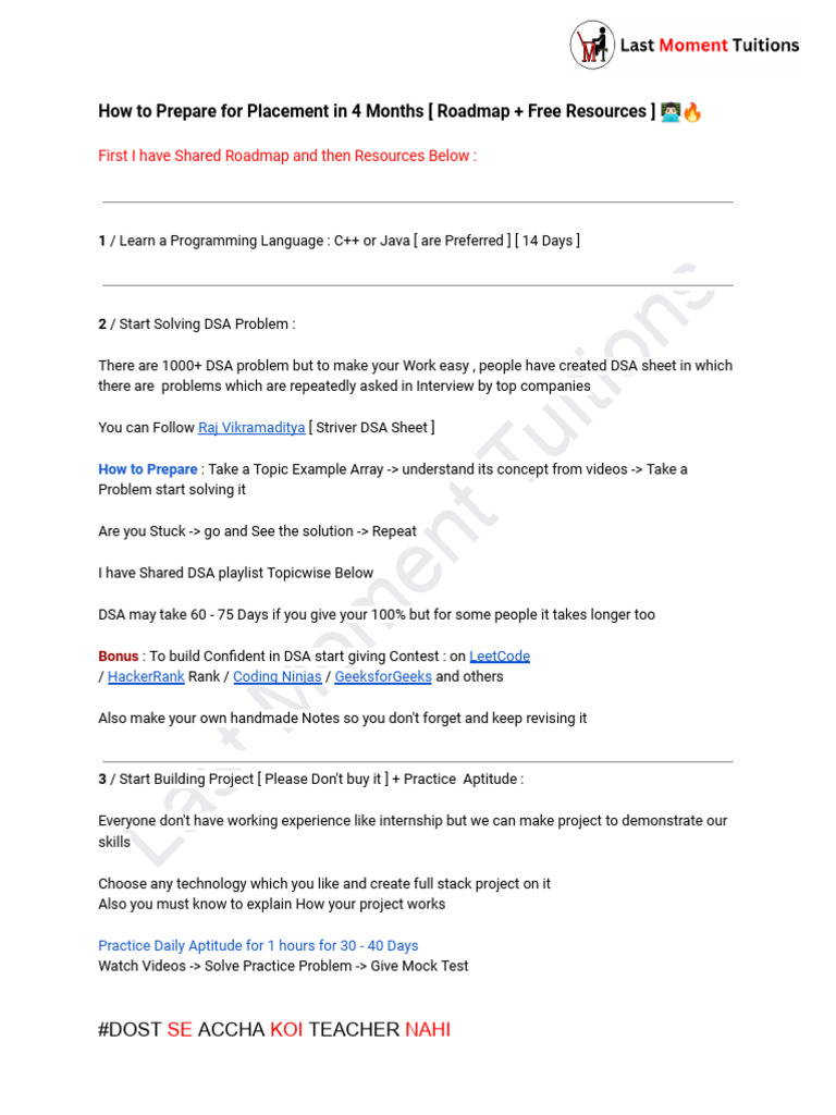 How To Prepare For Placement in 4 Months (Roadmap + Free Resources) by LMT | PDF | Computing ...