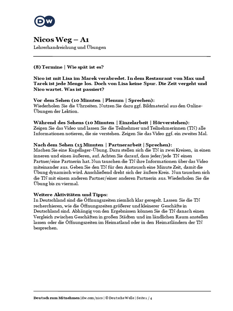 Nicos Weg A1 E8 L1 Lehrerhandreichung Und Uebungen | PDF