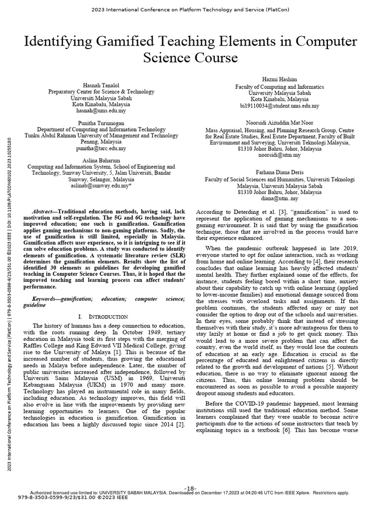 Identifying Gamified Teaching Elements in Computer Science Course | PDF