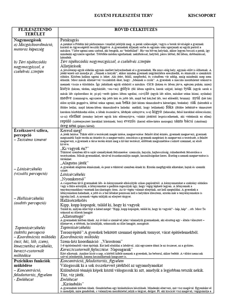 EGYÉNI FEJLESZTÉSI TERV Kiscsoport 4 | PDF