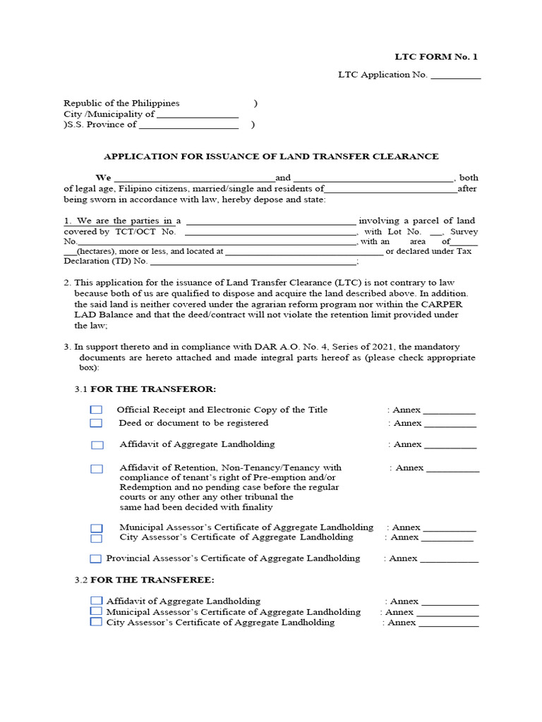 Appication For Issuance of Nland Transfer Clearance LTC FORM No1 FF | PDF