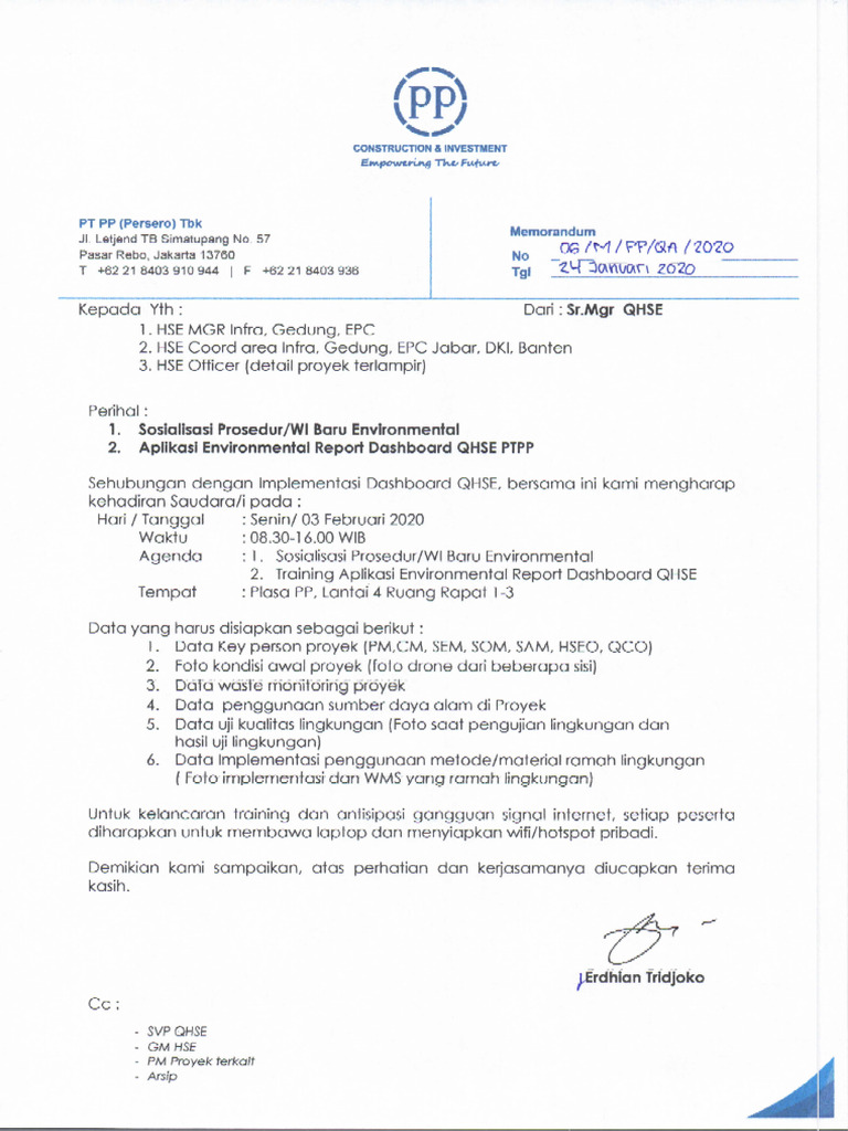 06-M-PP-QA-2020 Undangan Sosialisasi Prosedur Baru Lingkungan & Aplikasi Environmental Dashboard ...