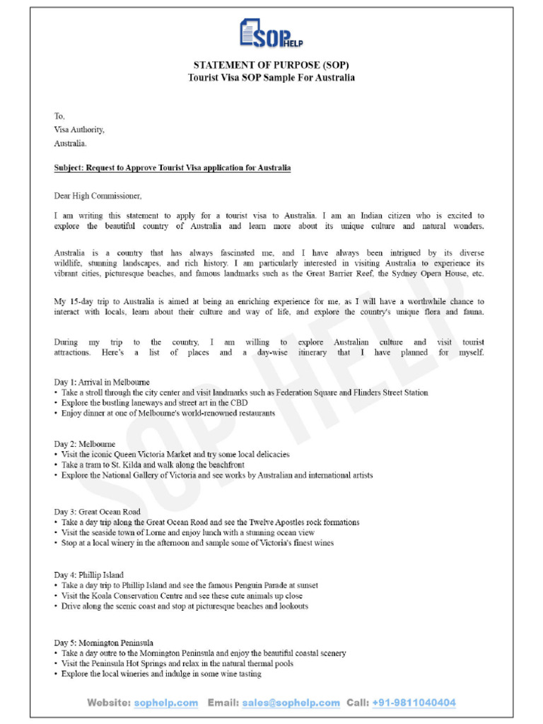 Tourist Visa Sop Sample For Australia PDF | PDF