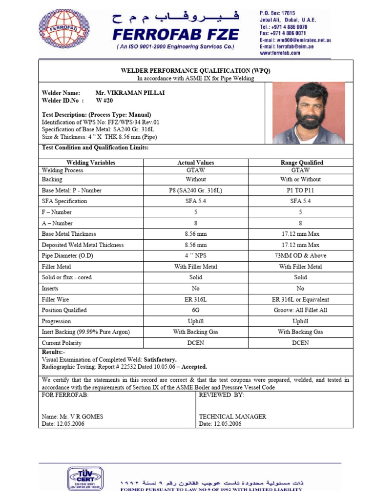 Welder Performance Qualification (WPQ) | PDF