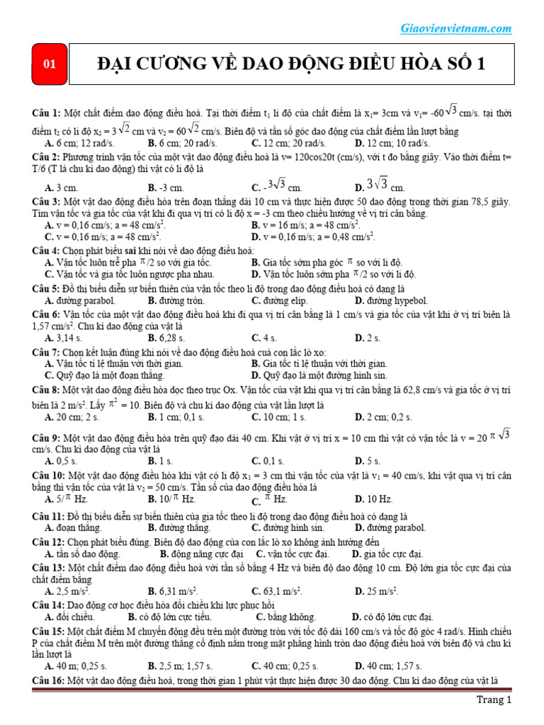 Bai Tap Trac Nghiem Dao Dong Dieu Hoa Co Dap An | PDF