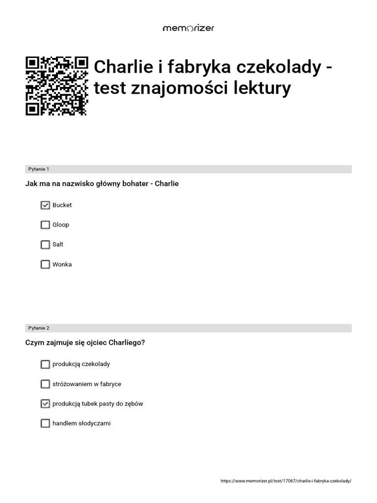 Charlie I Fabryka Czekolady Test Znajomości Lektury New | PDF