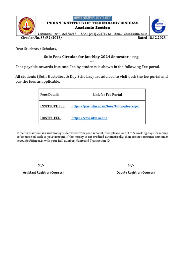 Fees Circular Jan-May 2024 | PDF | Money | Service Industries