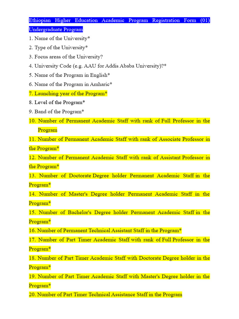 Ethiopian Higher Education Academic Program Registration Form | PDF