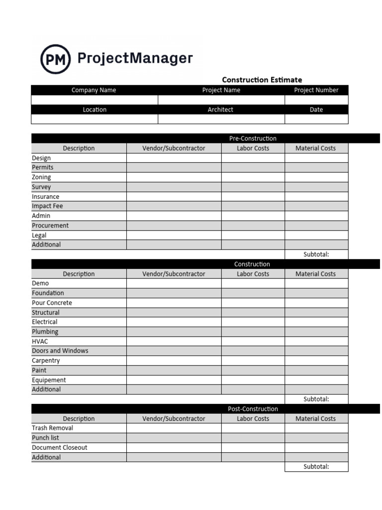 Free Construction Estimate Template ProjectManager WLNK | PDF