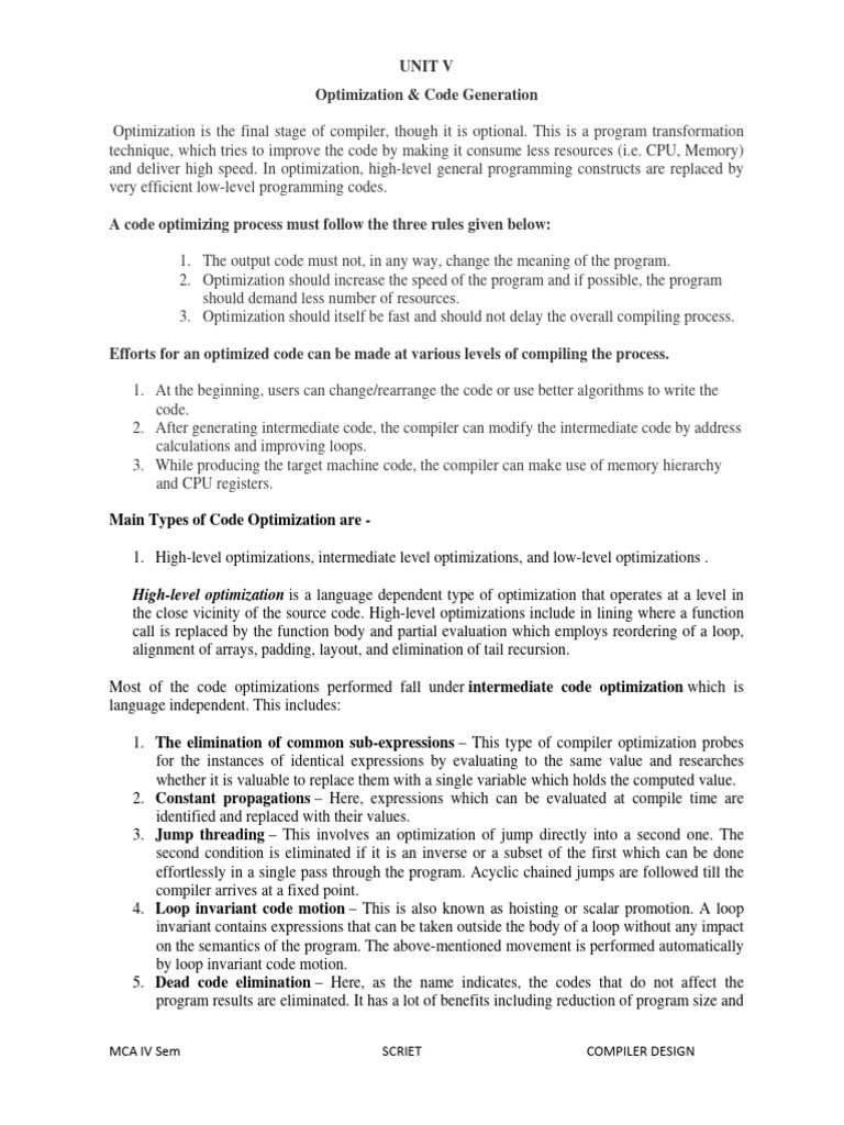 MCA 0705 II UNIT 5 Code Optimization & Code Generation | PDF | Program Optimization | Compiler