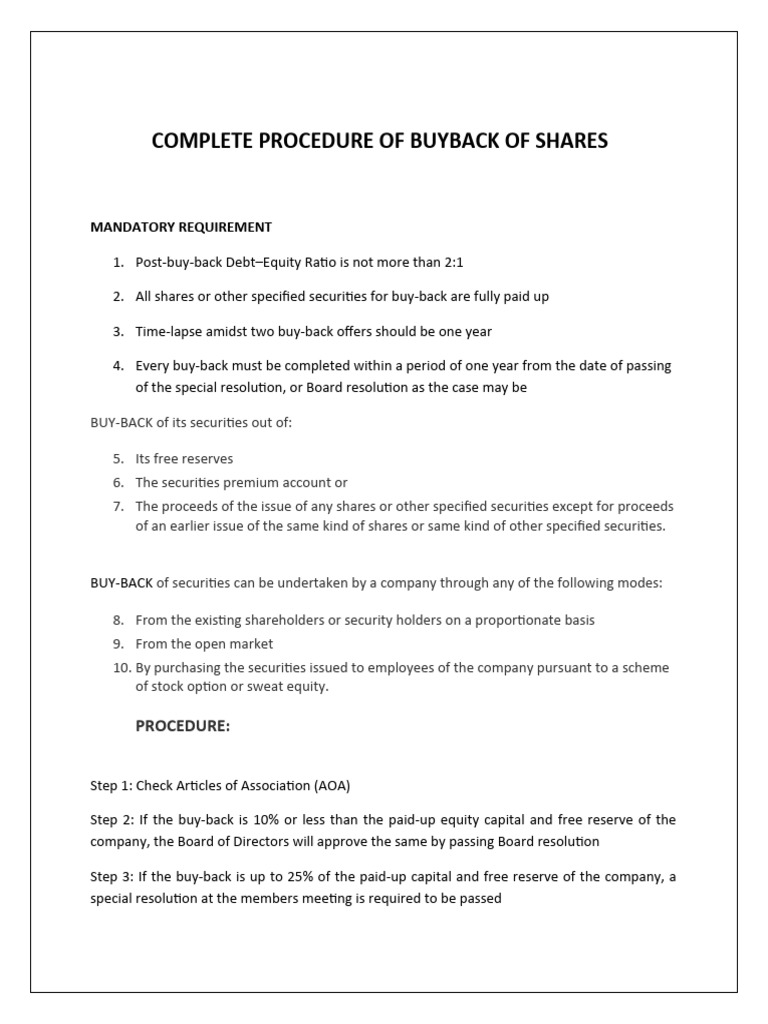 Complete Procedure of Buyback of Shares | PDF | Share Repurchase ...