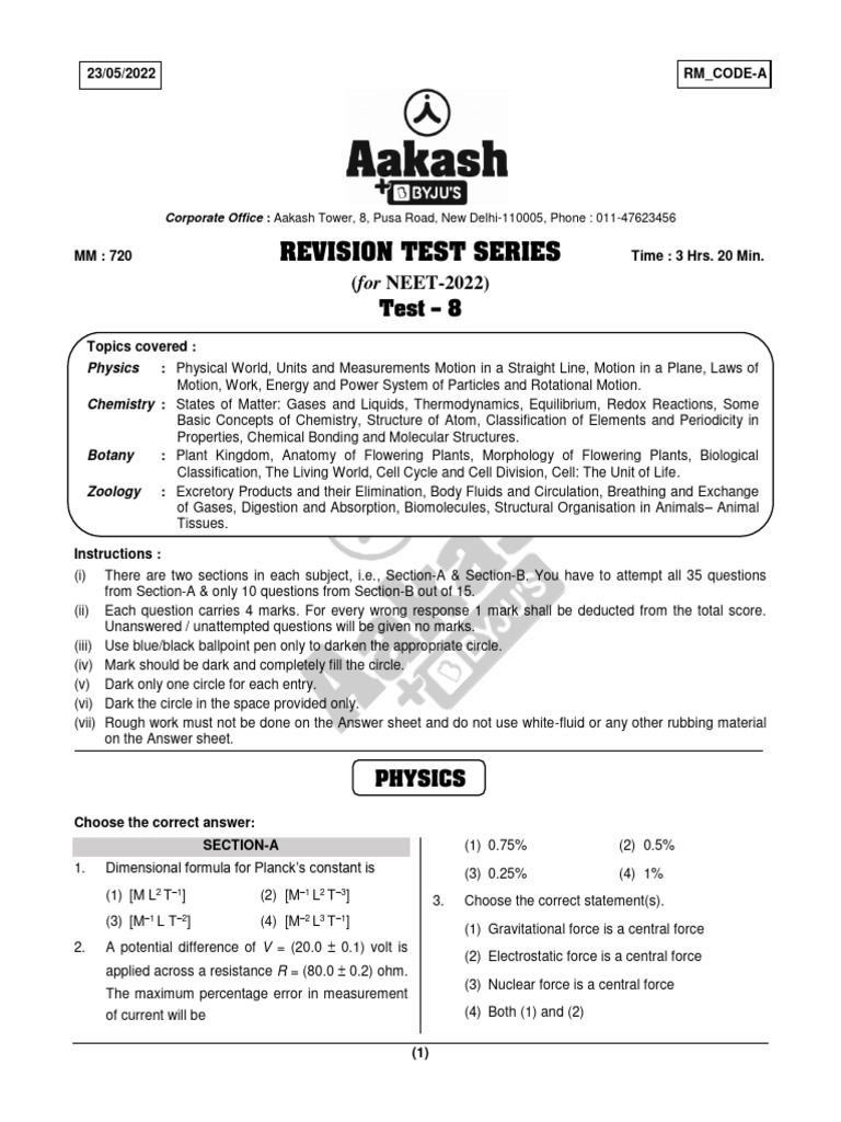 Aakash Revision Test - 08 Paper (@TEAMFLOOD) | PDF