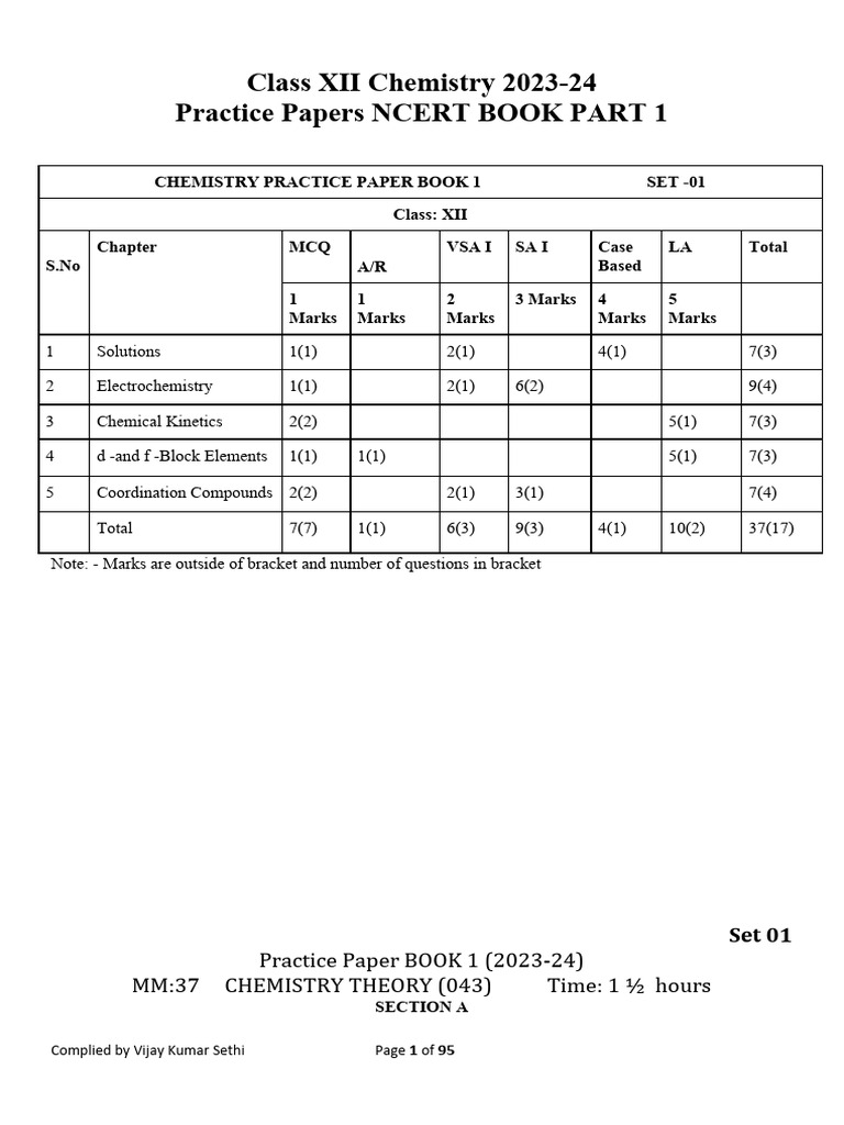 Chemistry XII Practice Paper BOOK 1 | PDF | Transition Metals | Solubility