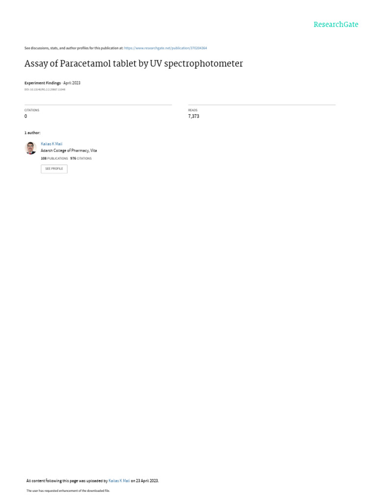 UV Spectrophotometric Assay of Paracetamol | PDF | Spectrophotometry ...