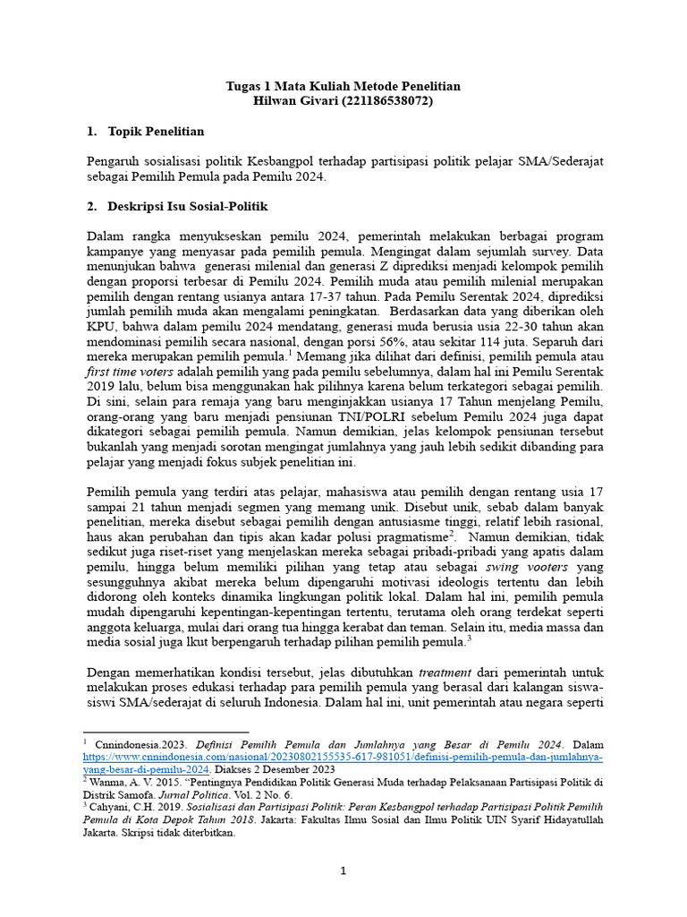 Tugas 1 Mata Kuliah Metode Penelitian - Hilwan Givari | PDF