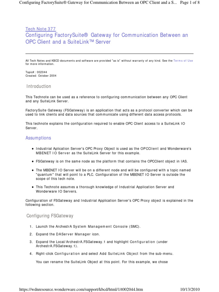 Tech Note 377 - Configure FSGateway For OPC Client To Suitelink Server | PDF | Server (Computing ...