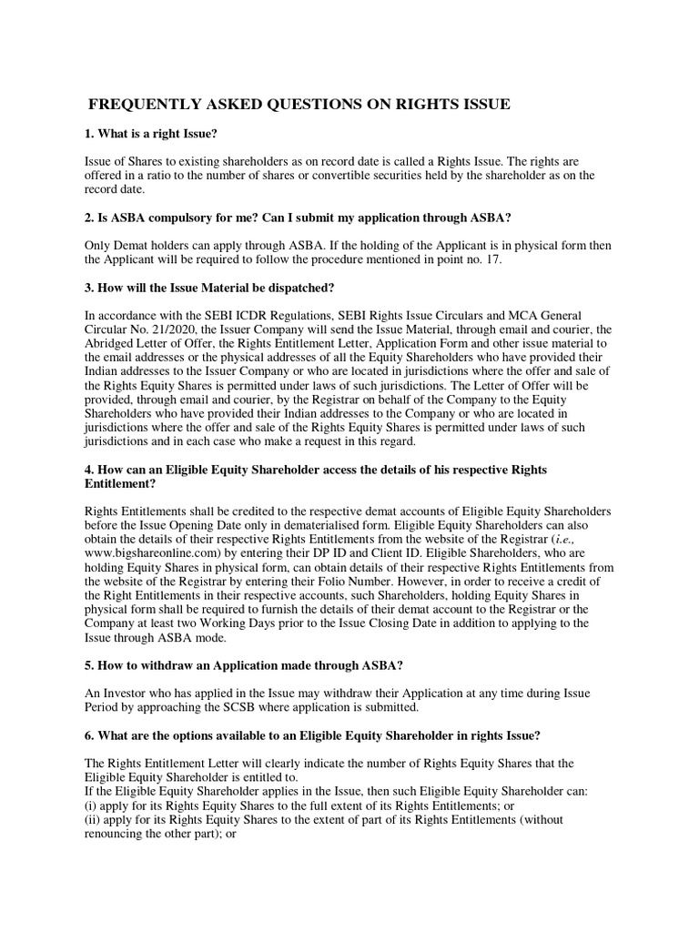 Frequently Asked Questions On Rights Issue | PDF | Stocks | Securities ...