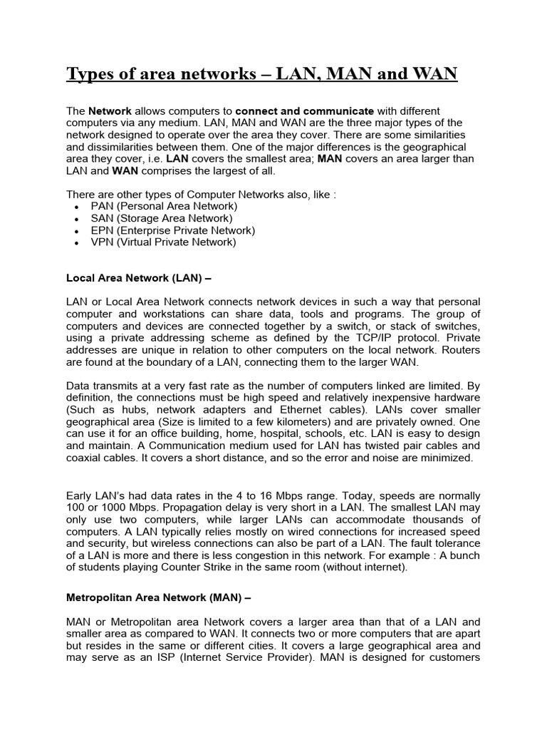 Understanding LAN, MAN, and WAN Types | PDF | Technology & Engineering