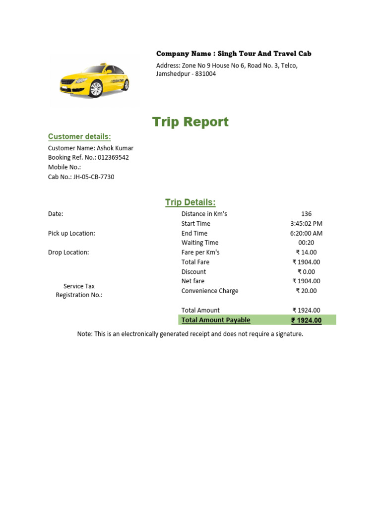 Online Taxi Bill for Singh Tour | PDF