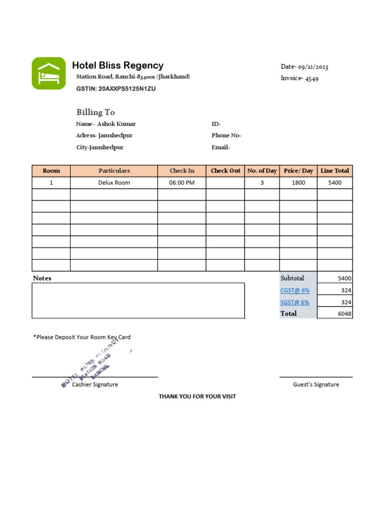 Hotel Bill Format - Ranchi | PDF