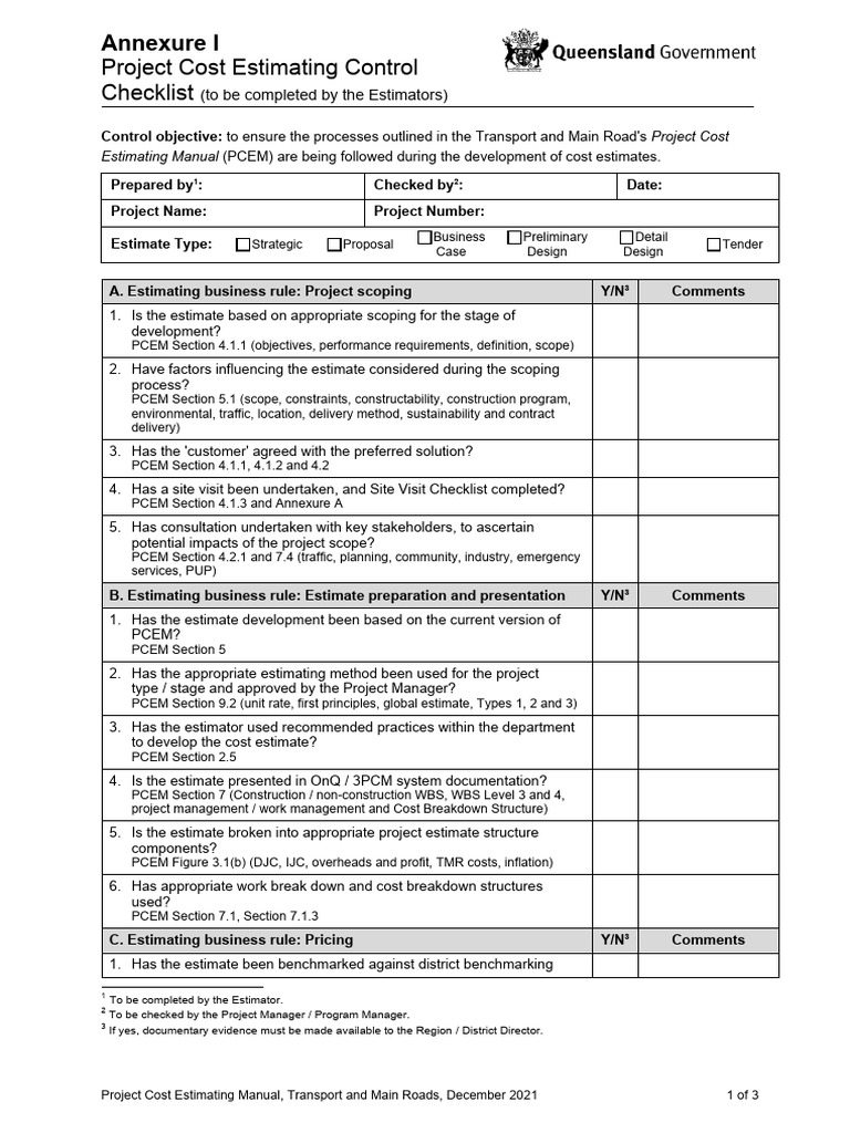 Project Cost Estimating Checklist | PDF | Risk | Economies